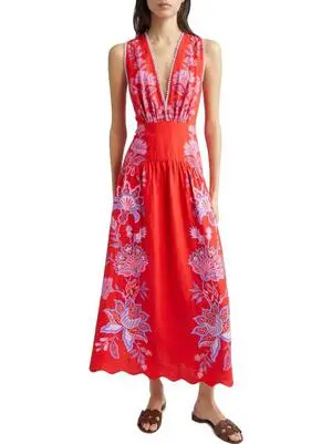 Farm Rio Floral Linen Maxi Dress - Red