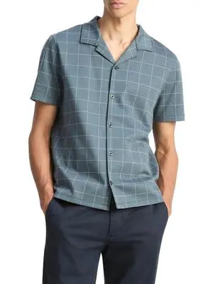 Vince Windowpane Check Cotton Blend Camp Shirt - Dark Harbor Blue/ Off White