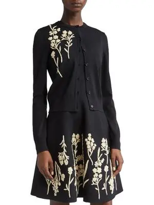 Lela Rose Floral Raffia Embroidered Cardigan - Black