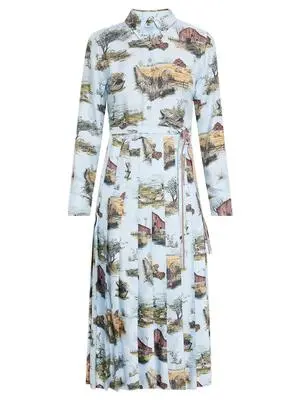 Thom Browne Scenic Toile Silk Twill Pleated Midi Shirtdress With Belt - Seasonal Multi