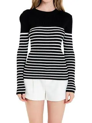 English Factory Stripe Long Sleeve Knit Top - Black/white