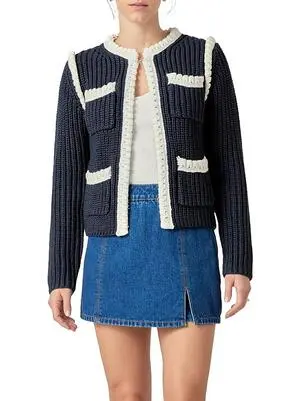 English Factory Colorblock Braided Cardigan - Navy/white