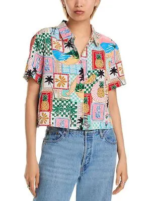 Aqua Postcard Print Short Sleeve Shirt - Multi