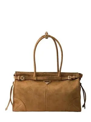Prada Large Convertible Suede Shoulder Handbag Cinnamon