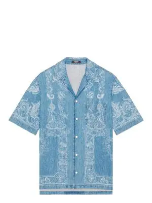 Versace Laser Denim Holiday Print Shirt In Blue - Washed Medium Blue