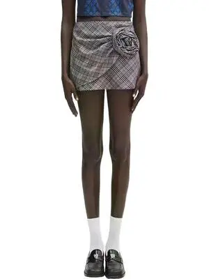 AMBUSH Rose-appliqué Plaid Mini Skirt - Grey