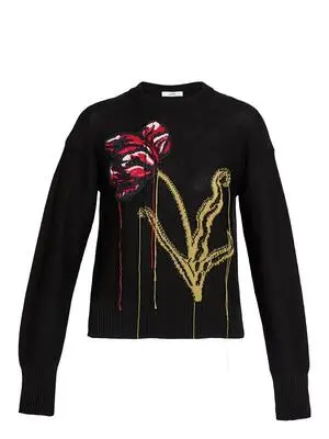 Erdem Flower-embroidered Merino-wool Sweater - Black