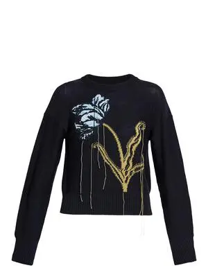 Erdem Flower-Embroidered Merino-Wool Sweater Navy