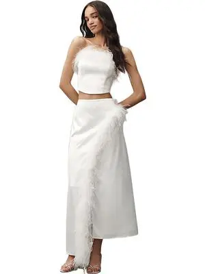 HUTCH Faux-feather Strapless Crop Top & Column Maxi Skirt Set - Ivory