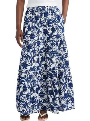 Caslon Printed Eyelet Tiered Maxi Skirt - Ivory- Blue Navy Bea Floral