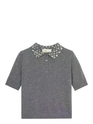 Blumarine Beaded-collar Polo Top - Grey
