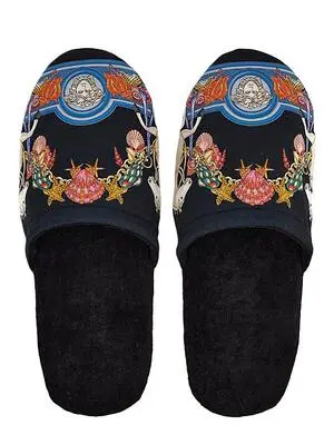Versace Coral Theatre Terry Bath Slippers - Black+multicolor
