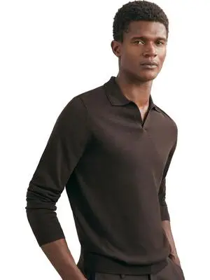 REISS Milburn Merino Wool Open-collar Polo Shirt - Chocolate Brown