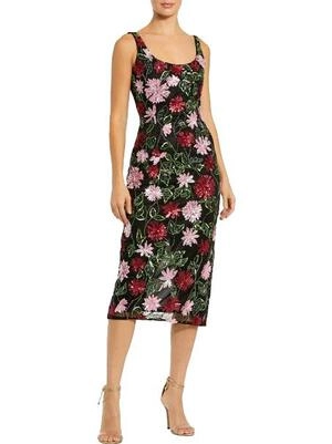 Mac Duggal Embellished Floral Mesh Midi Dress - Black Multi