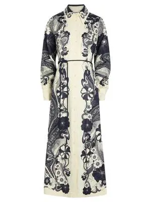 ALEMAIS Printed Linen Midi Shirt Dress - Navy