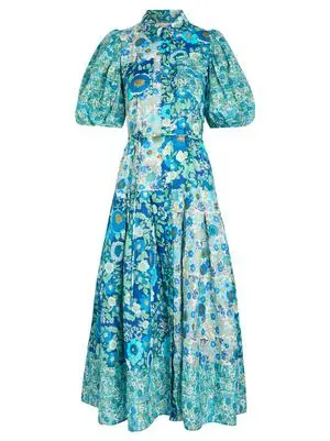 ALEMAIS Floral Print Ramie Midi Shirt Dress - Blue