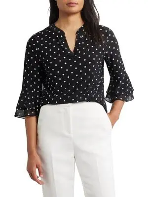 KASPER Polka Dot Flutter Sleeve Top
