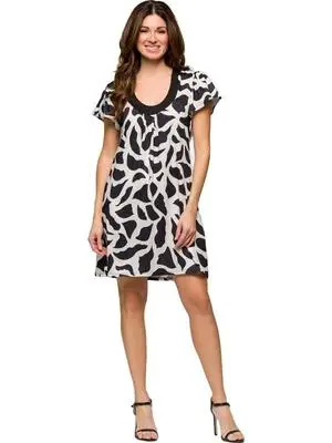 24SEVEN COMFORT APPAREL Printed Short Sleeve Mini Dress - Black Multi