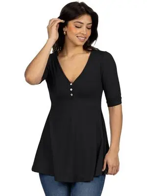 24SEVEN COMFORT APPAREL Short Sleeve Henley Top With Button Detail - Black