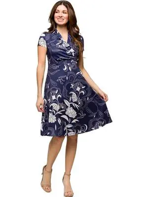 24SEVEN COMFORT APPAREL Printed Short Sleeve Wrap Dress - Navy Multi