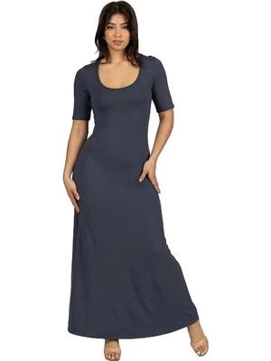 24SEVEN COMFORT APPAREL A-Line Maxi Dress With Sleeves Charcoal