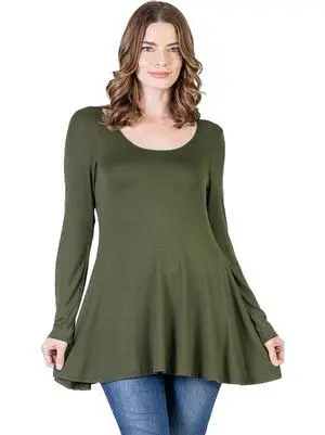 24SEVEN COMFORT APPAREL Long Sleeve Flared Tunic Top - Army