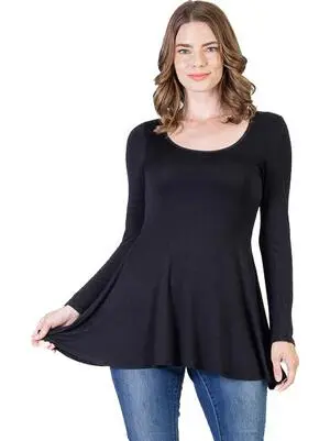 24SEVEN COMFORT APPAREL Long Sleeve Flared Tunic Top - Black