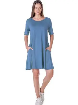 24SEVEN COMFORT APPAREL Knee Length Dress With Scoop Neck And Elbow Sleeves - Blue