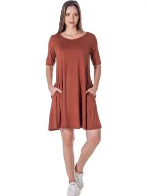 24SEVEN COMFORT APPAREL Knee Length Dress With Scoop Neck And Elbow Sleeves - Cinnamon