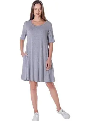 24SEVEN COMFORT APPAREL Knee Length Dress With Scoop Neck And Elbow Sleeves - Heather
