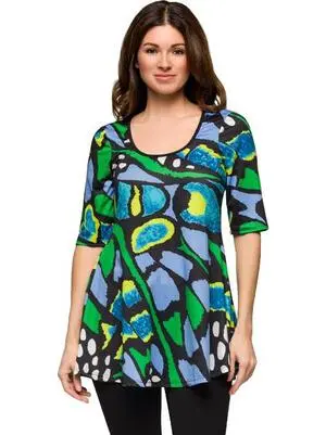 24SEVEN COMFORT APPAREL Butterfly Print Elbow Sleeve Tunic Top - Green Multi