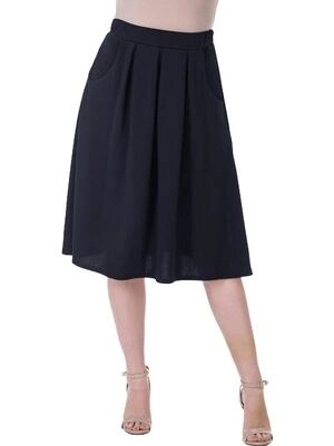 24SEVEN COMFORT APPAREL Elastic Waist Pleated Knee Length Skirt - Black