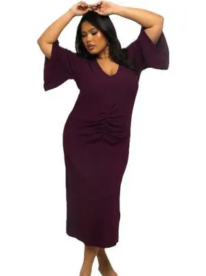 FASHION-SZN CURVE Ruched Flutter Sleeve Midi Dress - Plum