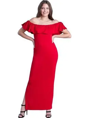 24SEVEN COMFORT APPAREL Off Shoulder Ruffle Detail Maxi Dress - Red