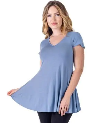 24SEVEN COMFORT APPAREL Short Sleeve V-neck Tunic Top - Blue