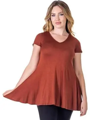 24SEVEN COMFORT APPAREL Short Sleeve V-neck Tunic Top - Brown