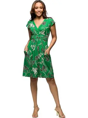 24SEVEN COMFORT APPAREL Floral Print Midi Dress With Pockets - Green Multi