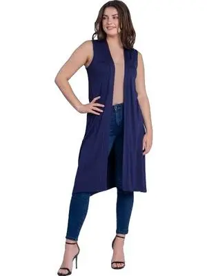 24SEVEN COMFORT APPAREL Sleeveless Long Cardigan Vest With Slit - Navy