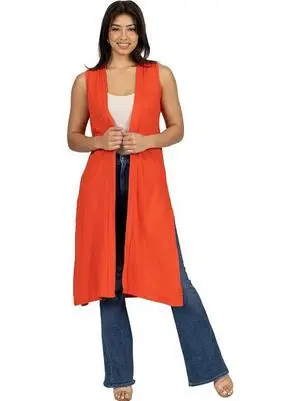 24SEVEN COMFORT APPAREL Sleeveless Long Cardigan Vest With Slit - Orange