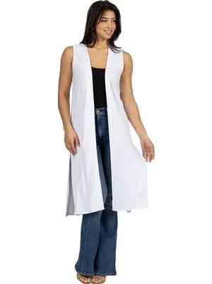 24SEVEN COMFORT APPAREL Sleeveless Long Cardigan Vest With Slit - White