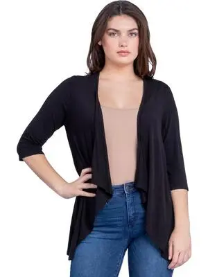 24SEVEN COMFORT APPAREL Elbow Length Sleeve Open Front Cardigan - Black