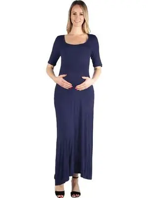 24SEVEN COMFORT APPAREL Maternity Maxi Dress With Sleeves - Navy