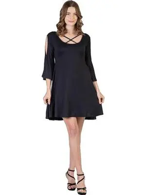 24SEVEN COMFORT APPAREL Knee Length Cold Shoulder Dress - Black