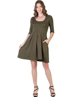 24SEVEN COMFORT APPAREL Fit And Flare Mini Dress With Three Quarter Sleeves - Olive