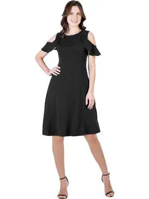 24SEVEN COMFORT APPAREL Ruffle Cold Shoulder A-line Knee Length Dress - Black