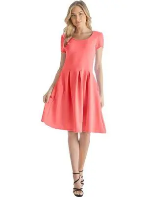 24SEVEN COMFORT APPAREL Scoop Neck Pleated Knee Length Dress With Pockets - Coral