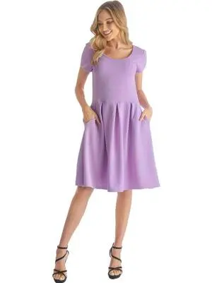 24SEVEN COMFORT APPAREL Scoop Neck Pleated Knee Length Dress With Pockets - Lilac