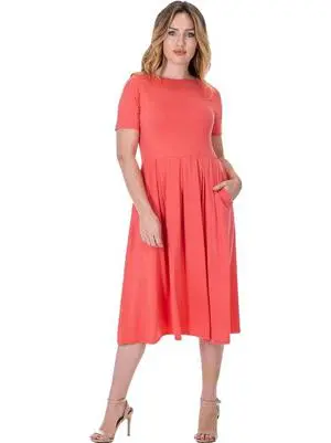 24SEVEN COMFORT APPAREL Midi Dress With Short Sleeves And Pockets - Coral