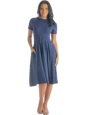 24SEVEN COMFORT APPAREL Midi Dress With Short Sleeves And Pockets - Navy