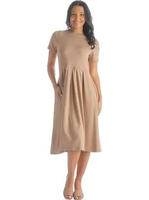 24SEVEN COMFORT APPAREL Midi Dress With Short Sleeves And Pockets - Taupe